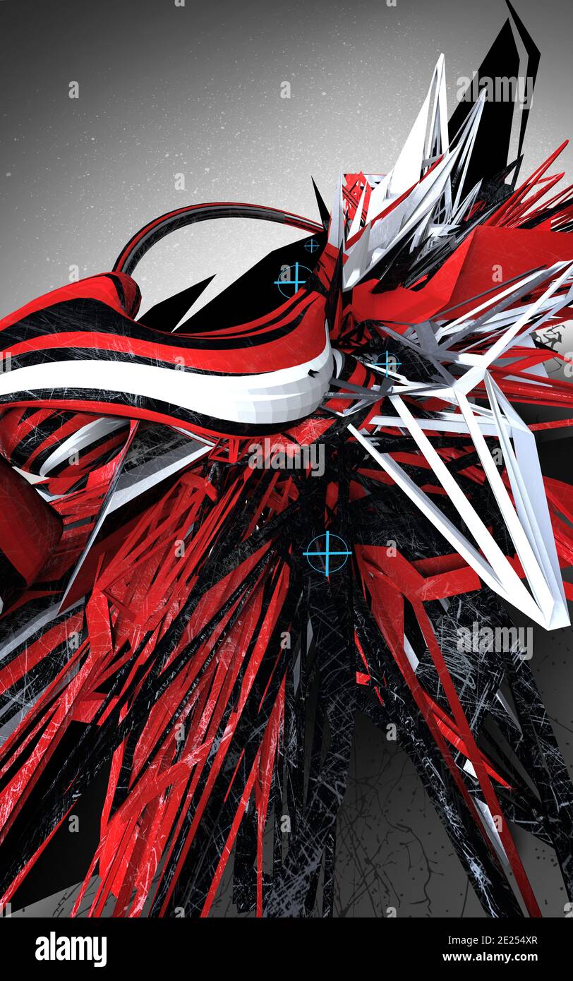 Vertical 3D rendering of red, white, and black abstract form with sharp ...