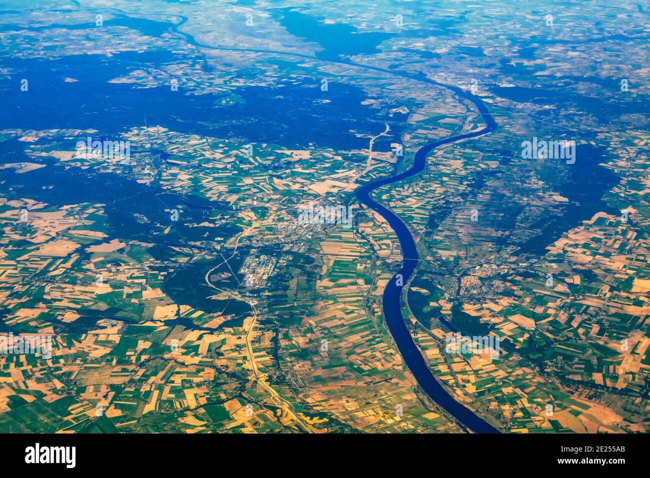 Aerial landscape of the country . View from the airplane of river and ...