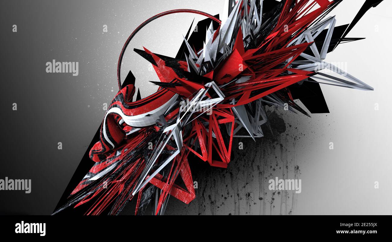3D rendering of red, white, and black abstract form with sharp ends ...