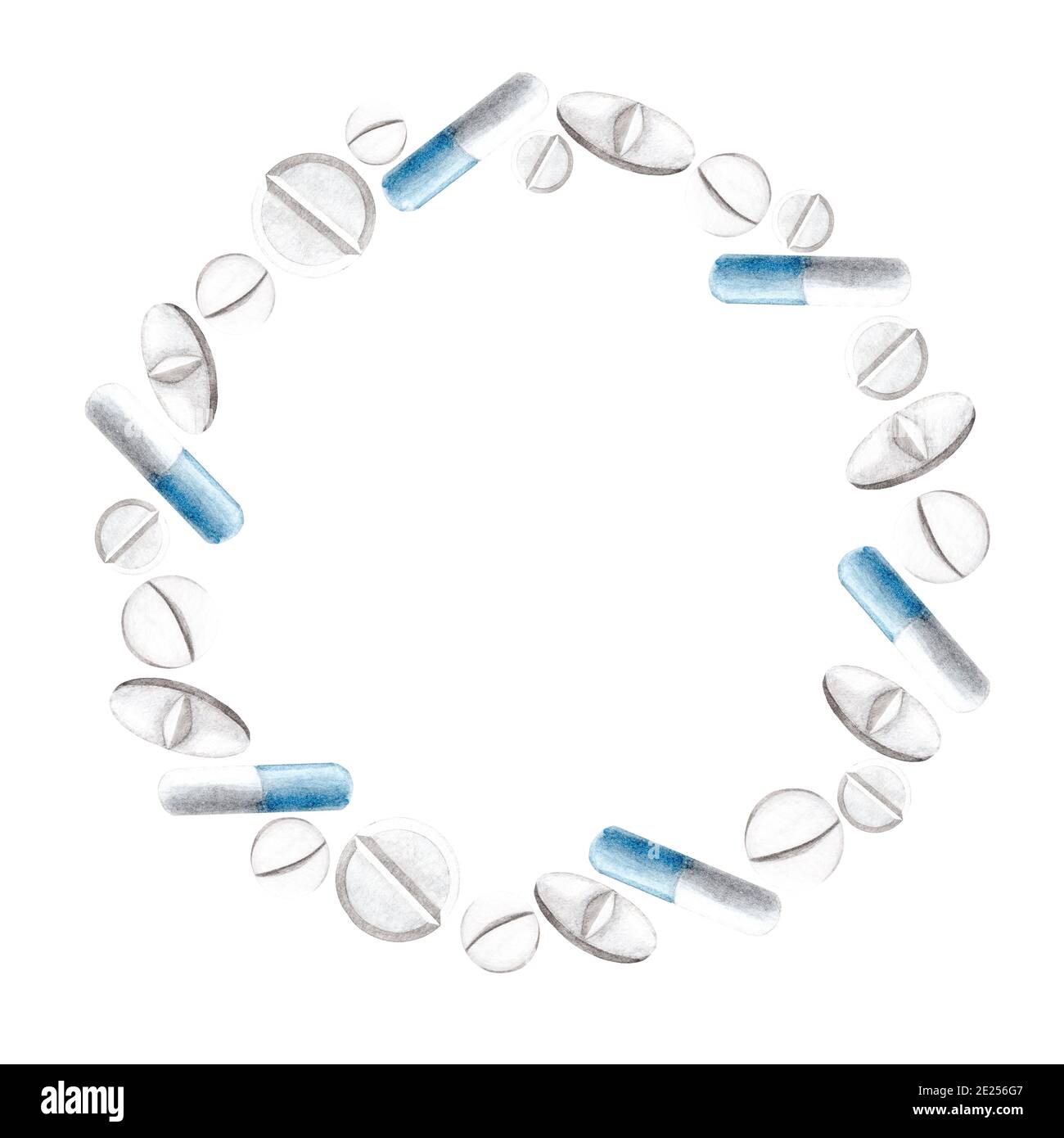 Watercolor medicine tablets and pills, capsules frame. Hand drawn ...