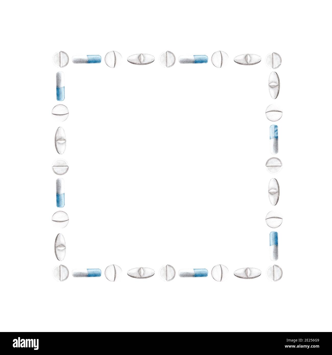 Watercolor pills frame isolated on white background. Hand drawn ...