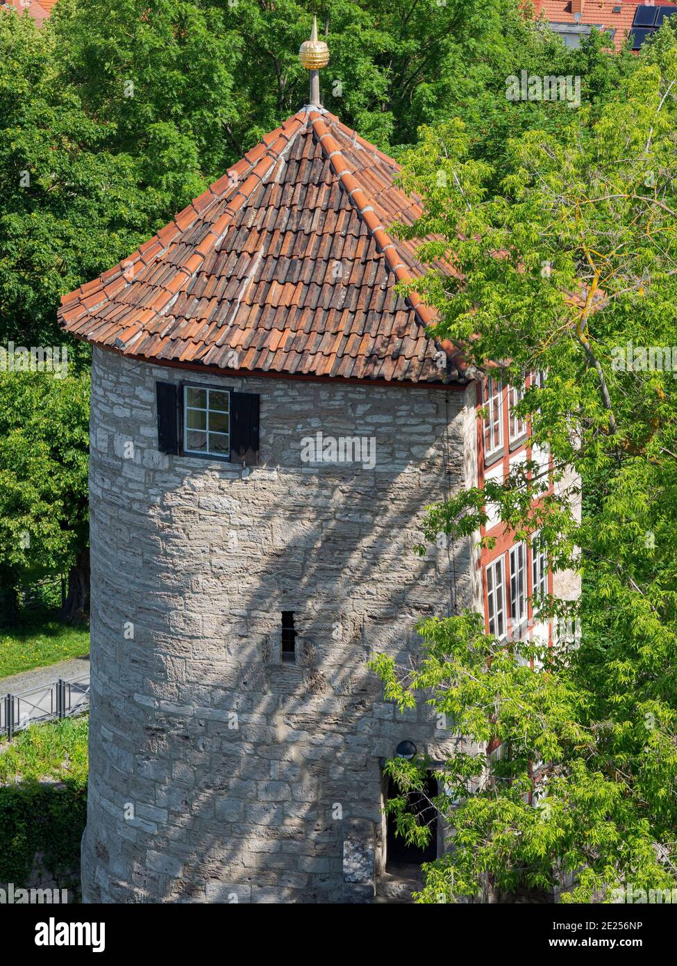 Tower of the old town wall. The medieval town Muehlhausen in Thuringia ...