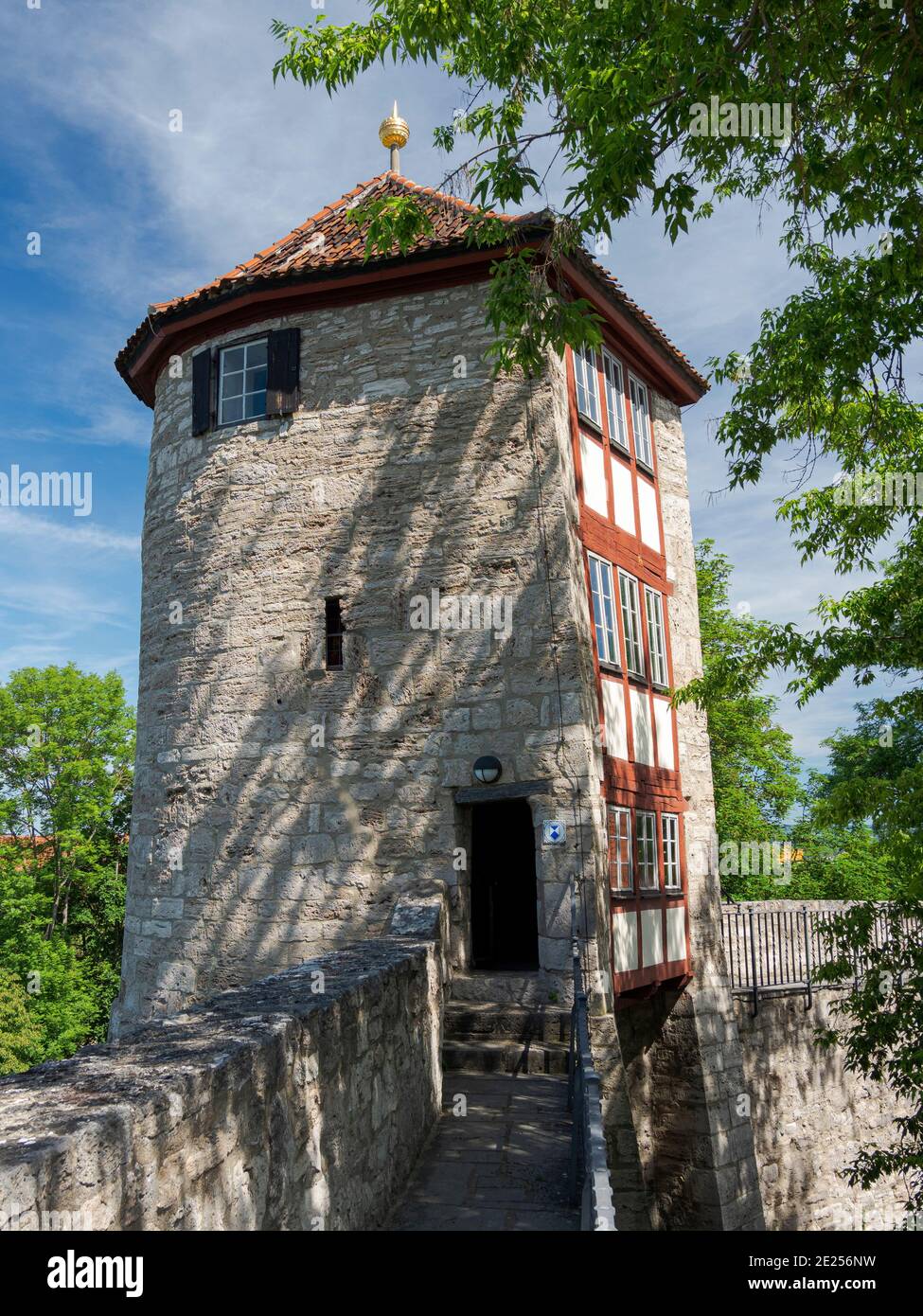 Tower of the old town wall. The medieval town Muehlhausen in Thuringia ...
