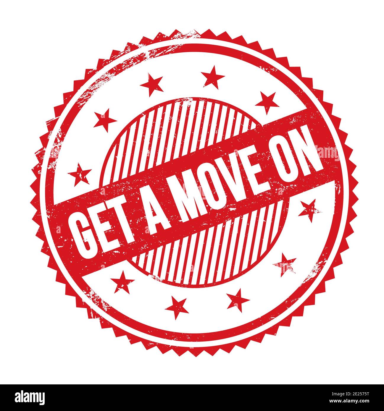 GET A MOVE ON text written on red grungy zig zag borders round stamp ...