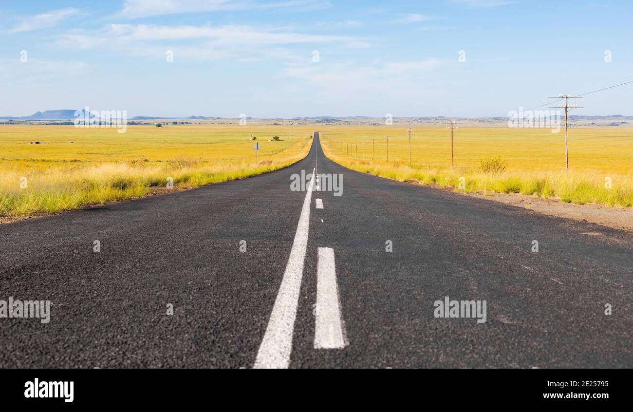 Paved empty road going through a dry plain landscape in South Africa at ...