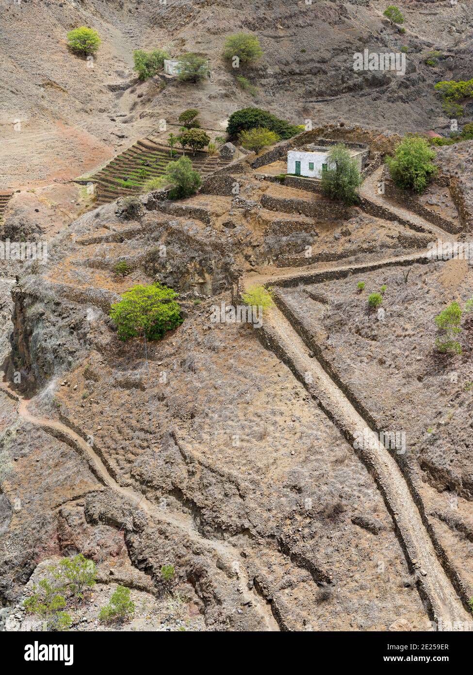 Traditional farm in valley towards Ribeira da Cruz. Island Santo Antao ...