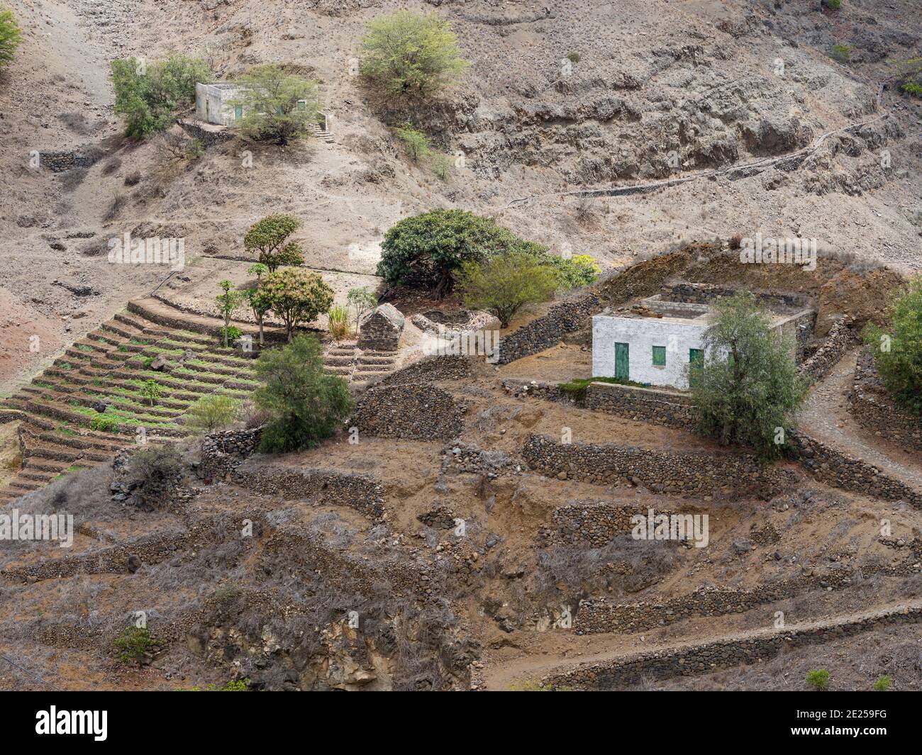 Traditional farm in valley towards Ribeira da Cruz. Island Santo Antao ...