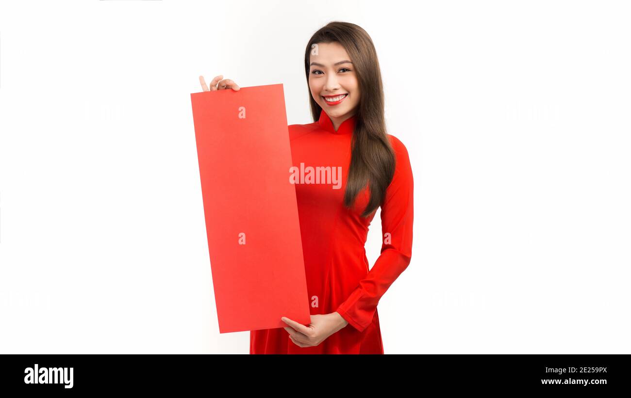 Vietnamese girl hold empty Calligraphy pictures Stock Photo - Alamy