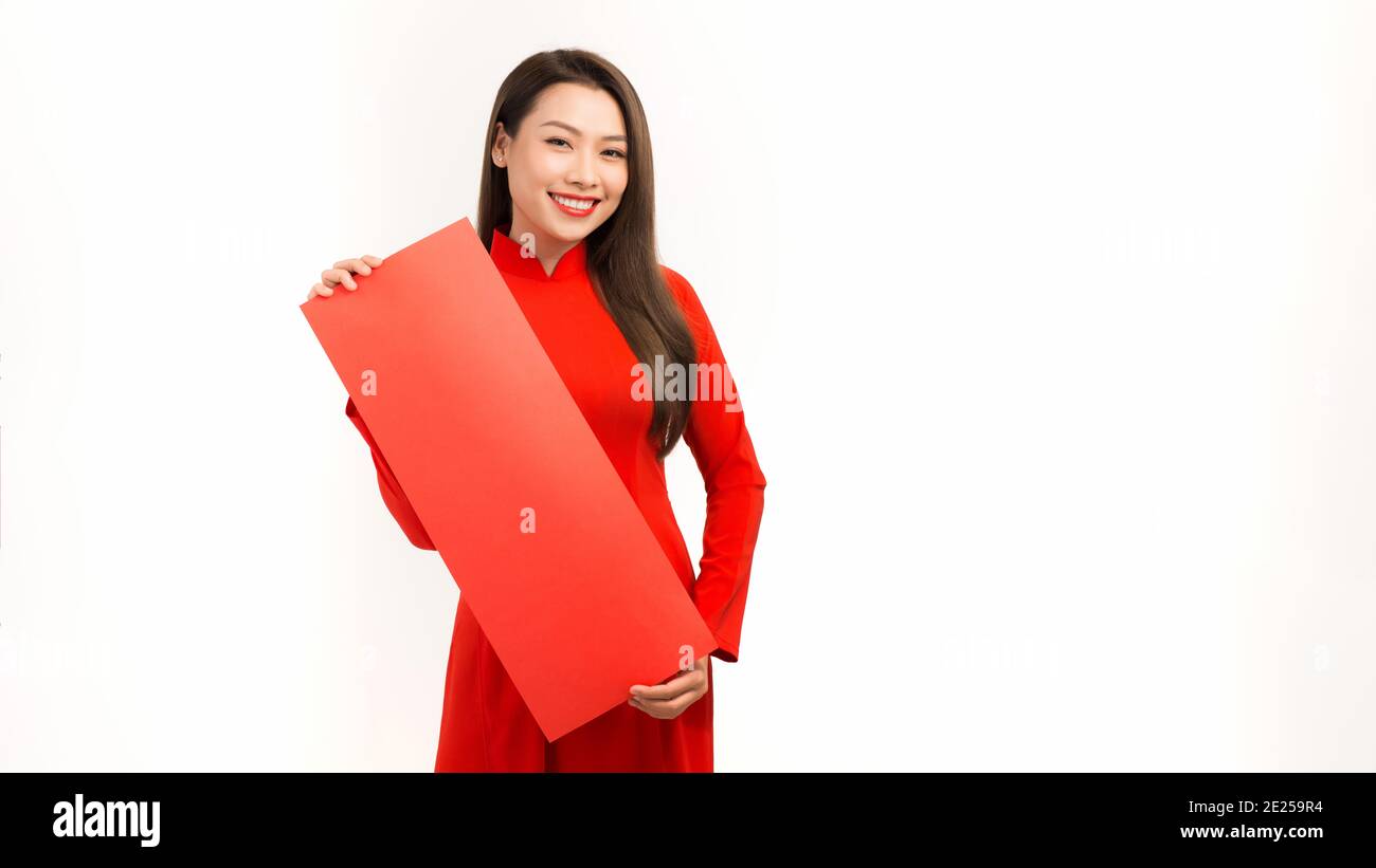 Vietnamese girl hold empty Calligraphy pictures Stock Photo - Alamy