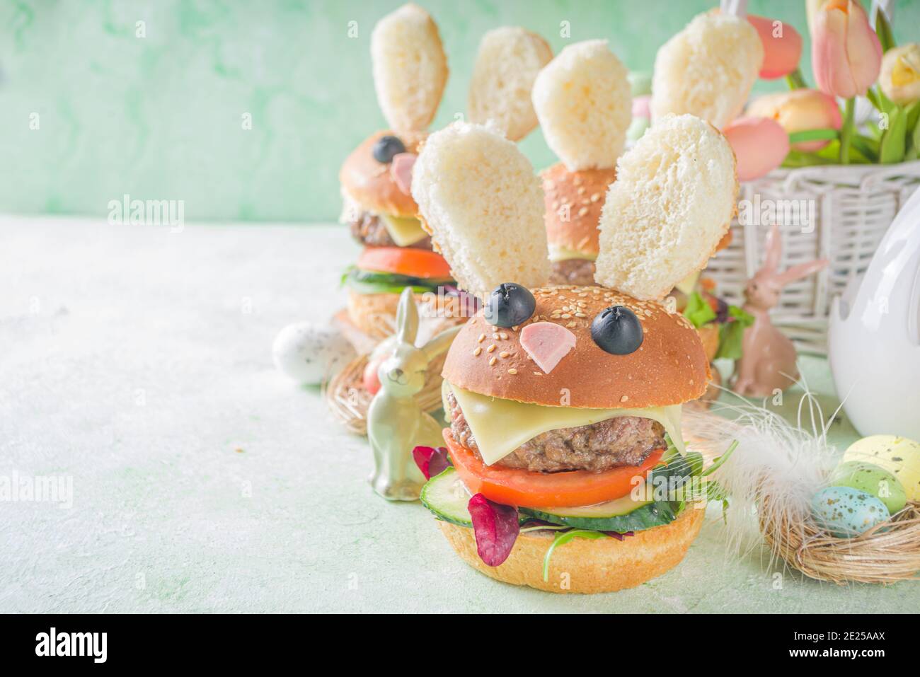Delicious fresh homemade bunny burgers for Easter kids party. Creative ...