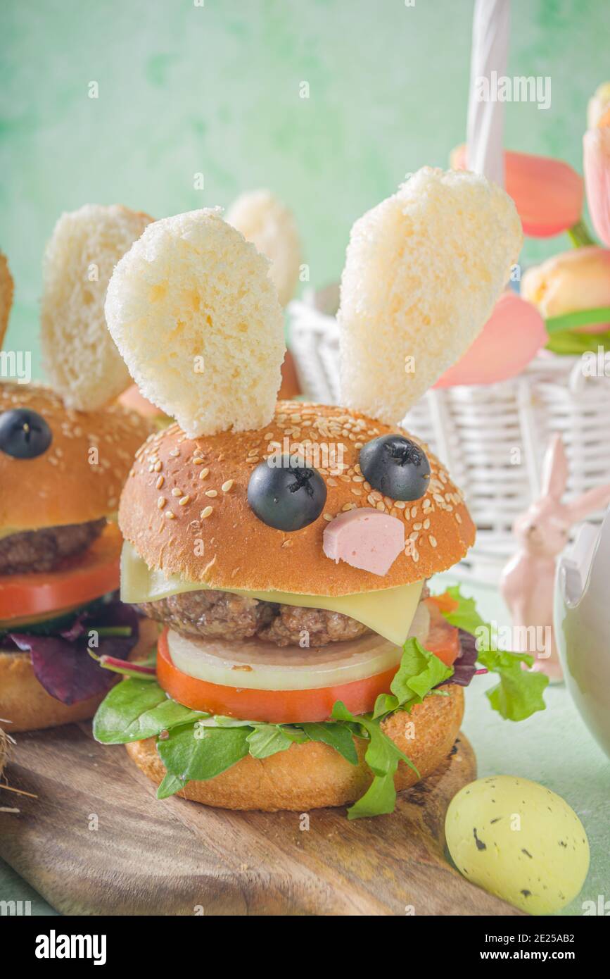 Delicious fresh homemade bunny burgers for Easter kids party. Creative ...