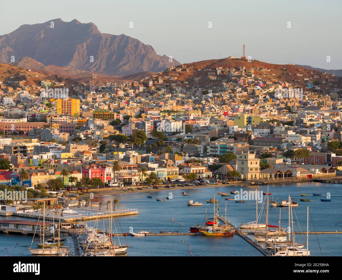 Cityview and view over marina and harbor. City Mindelo, a seaport on ...