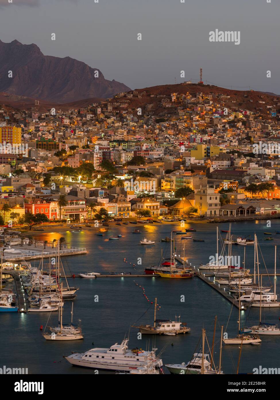 Cityview and view over marina and harbor. City Mindelo, a seaport on ...