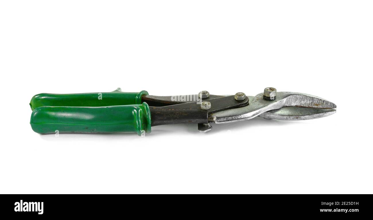 Used tin snips isolated on a white background Stock Photo - Alamy