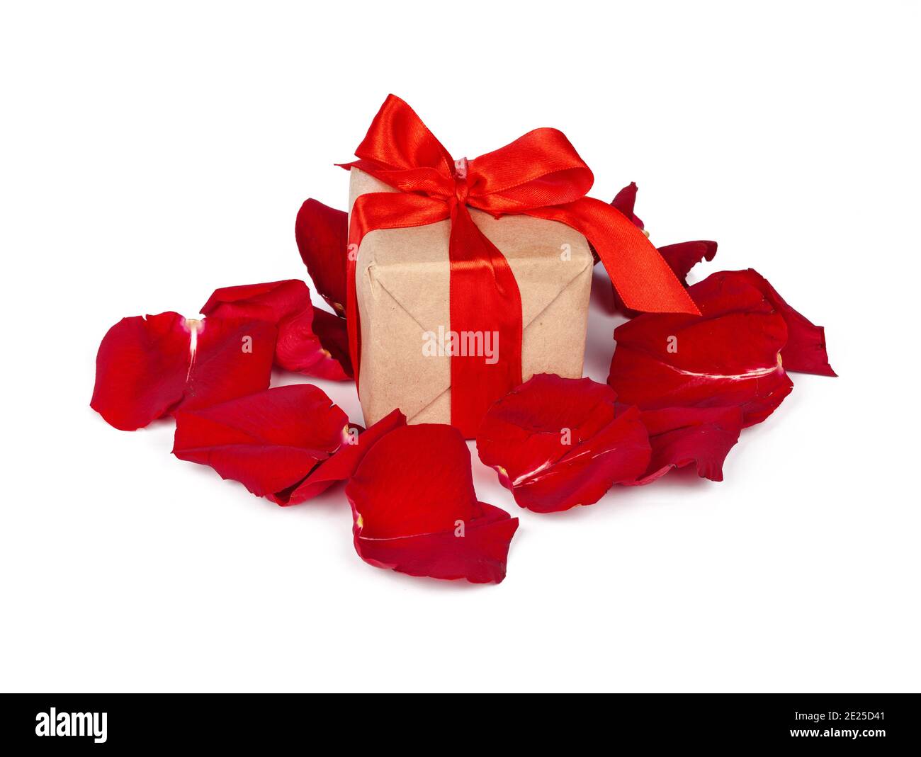 Gift box and rose petal on white background Stock Photo - Alamy