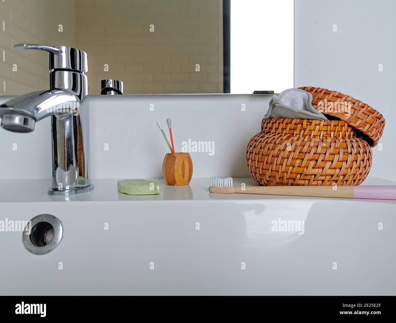 Zero waste bathroom concept with plastic free and reusable products ...