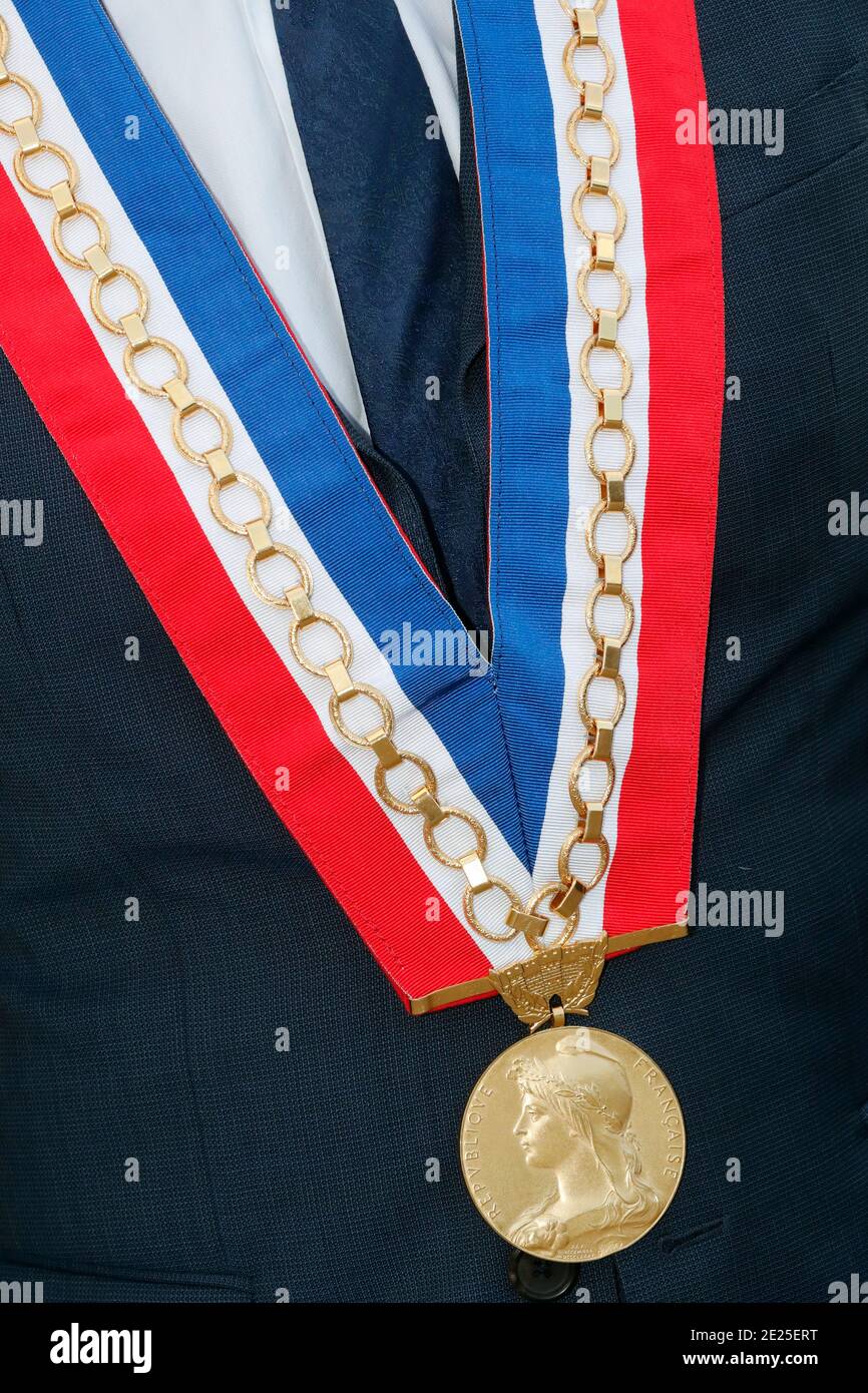 Tricolor scarf and republican medal. Symbols of mayor. France Stock ...