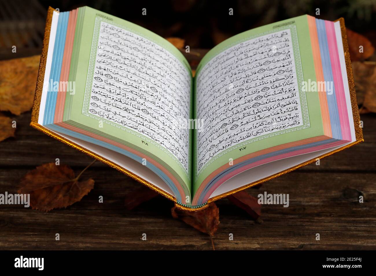 An open Holy Quran on wood stand. France Stock Photo - Alamy