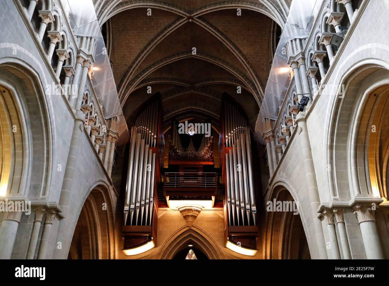 Cathedral of Notre Dame of Lausanne. Pipe organ. The nave. Gothic rib ...