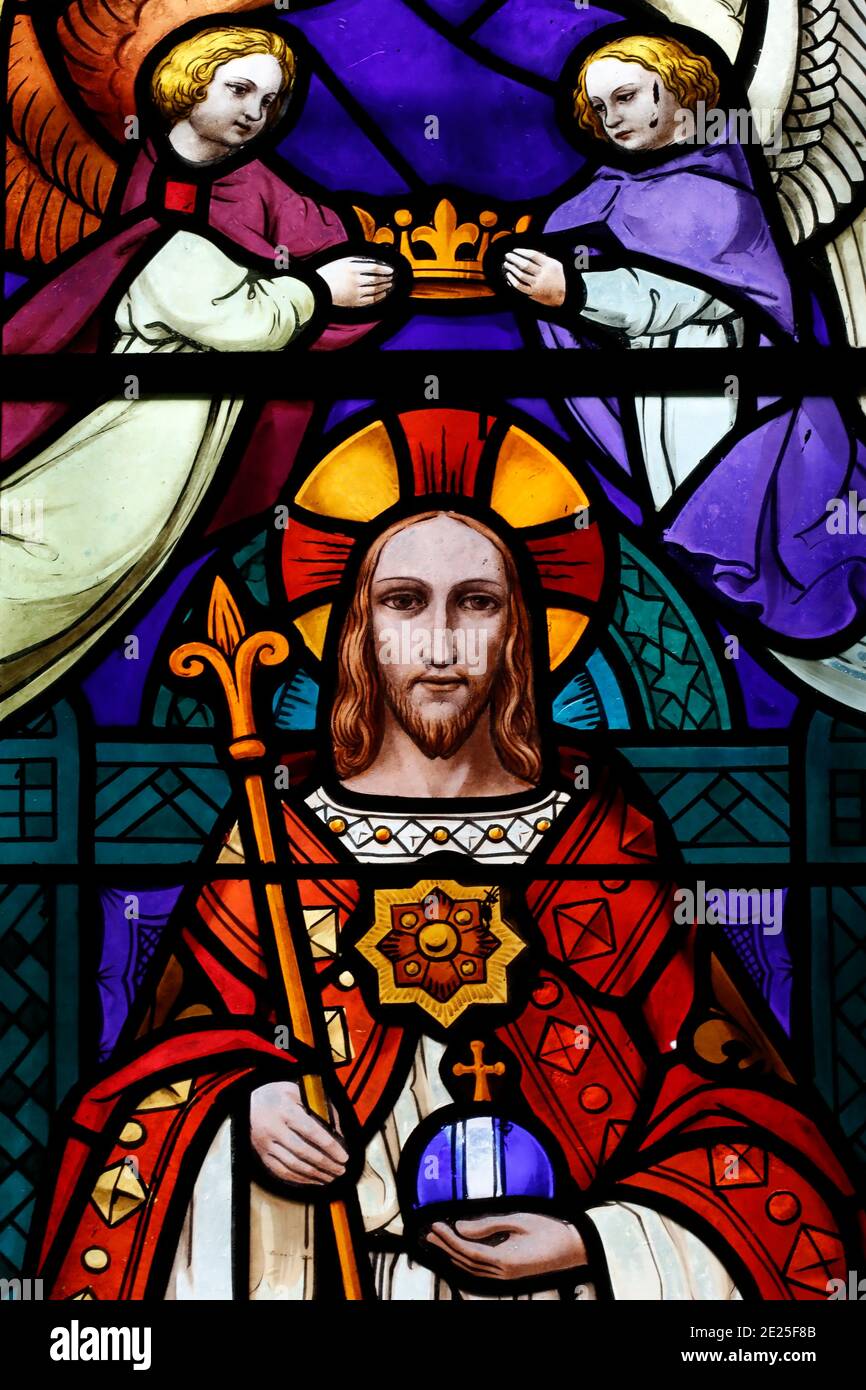 Stained glass window. The coronation of Jesus Christ. Le Layau. France ...