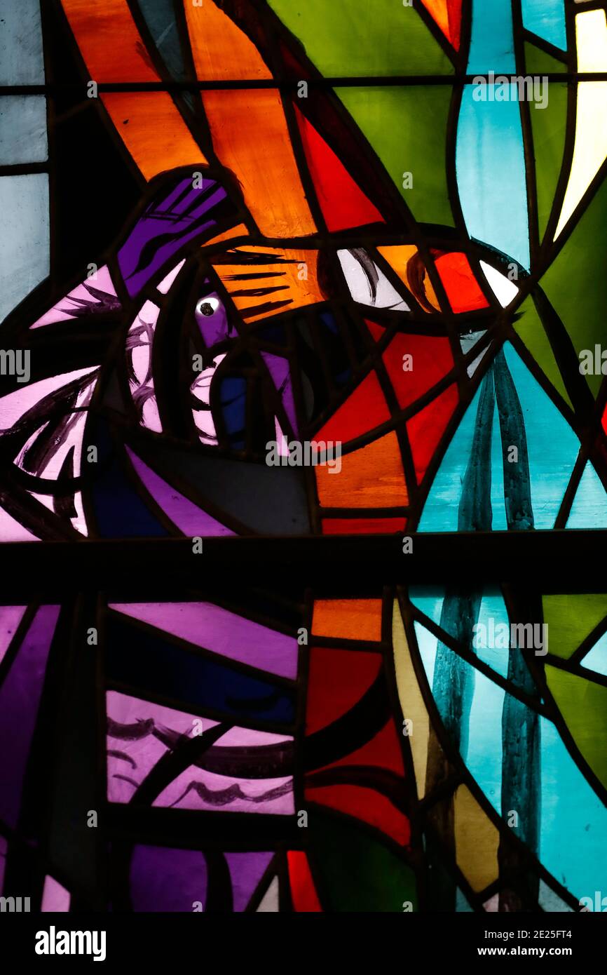 Sainte Therese church. Stained glass window. Moses and the Burning Bush ...