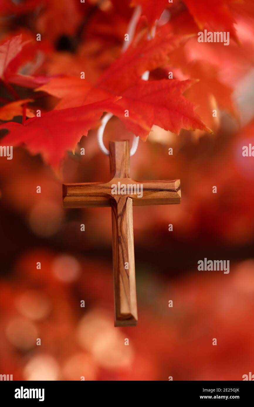 Christian cross hanging on a tree branch with red leaves. Autum. France ...