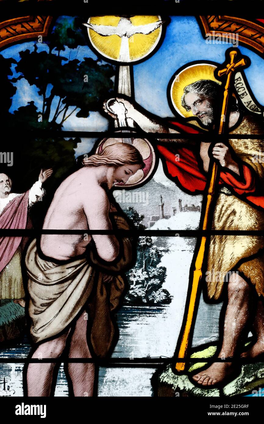 Stained glass window. The baptism of Jesus by John the Baptist. Groisy ...
