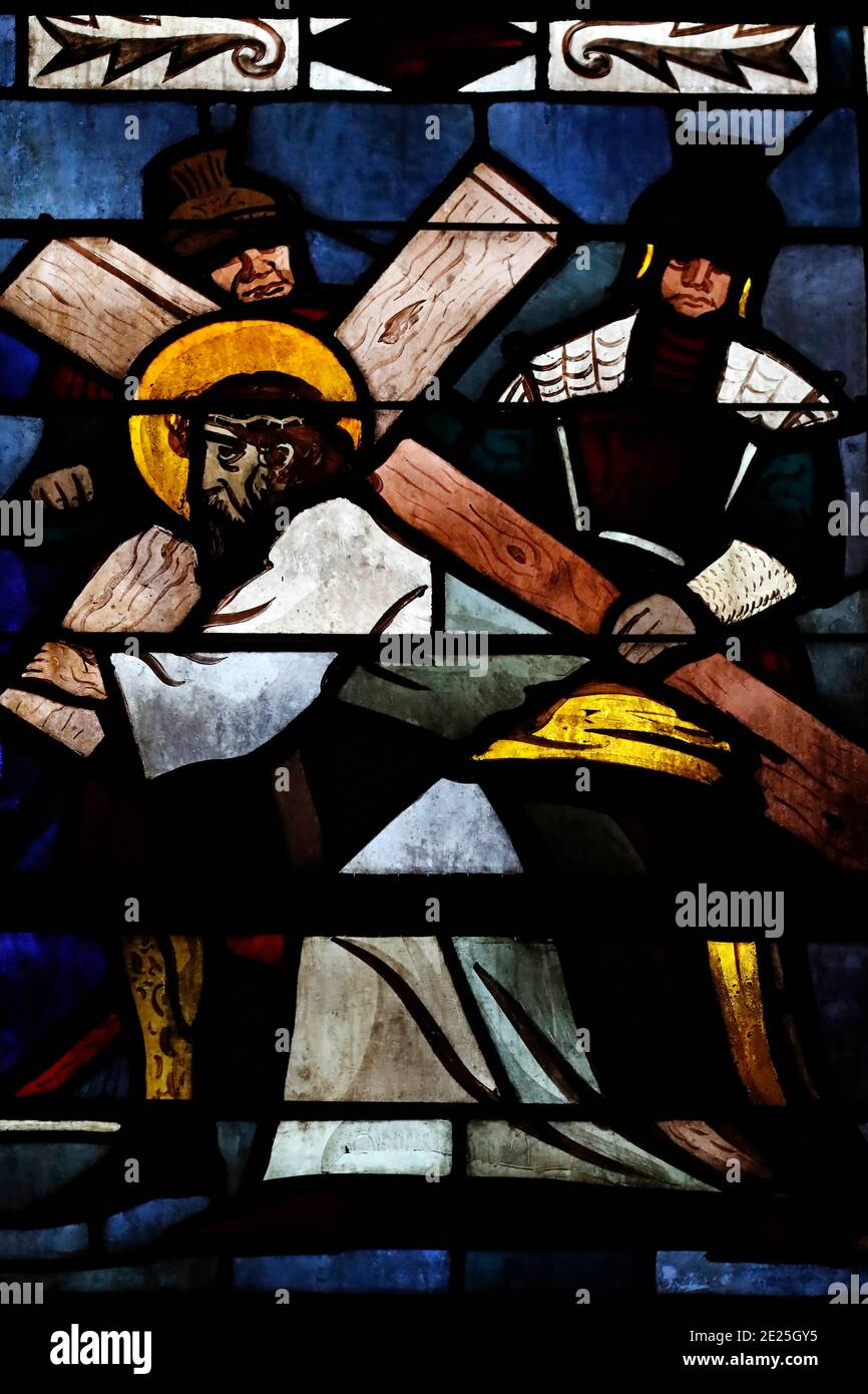 Romainmotier Abbey Church. Stained glass window. Way of the cross ...
