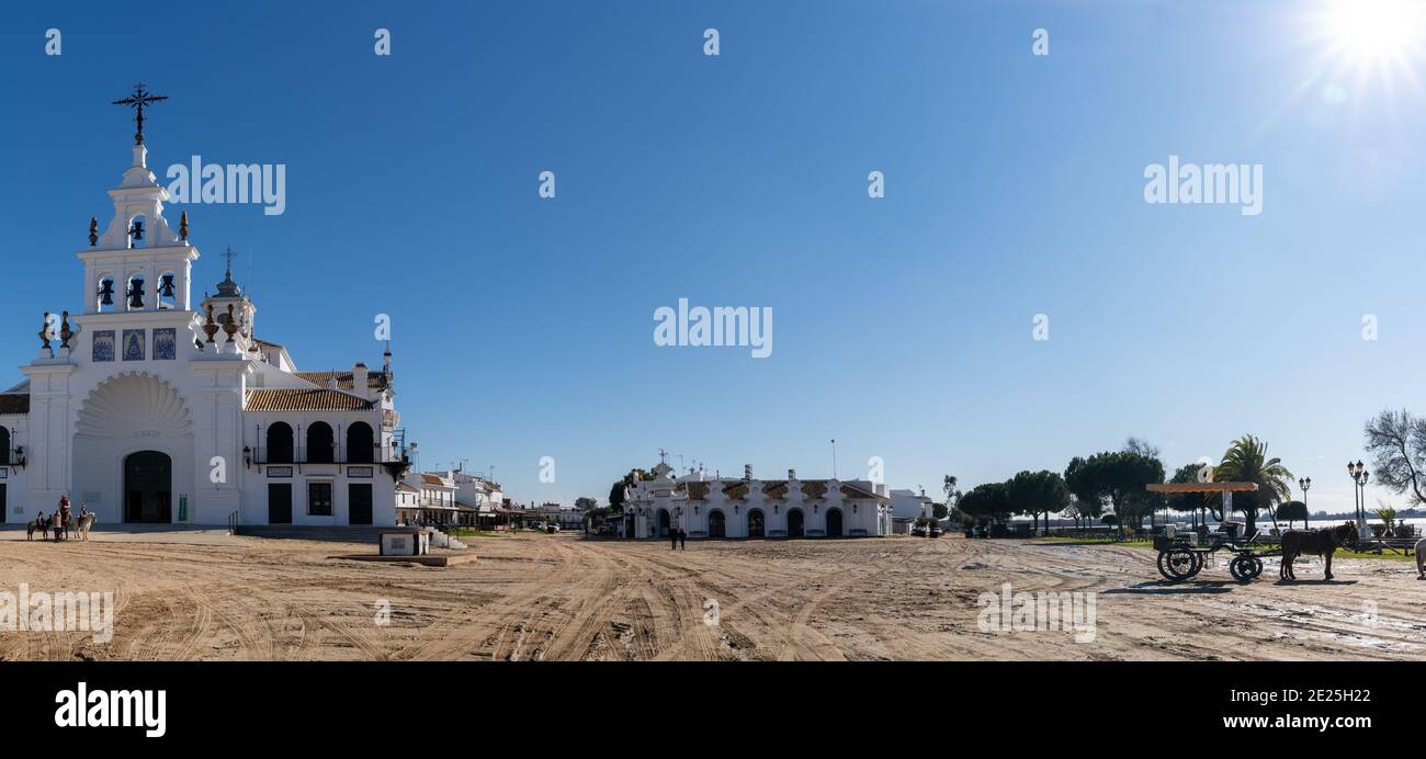El Rocio, Spain - 9 January 2021: Ermita de Rocio church and town ...