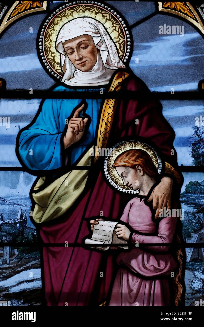 Saint Cyr and Sainte Julitte church. Stained glass window. Saint Anne ...
