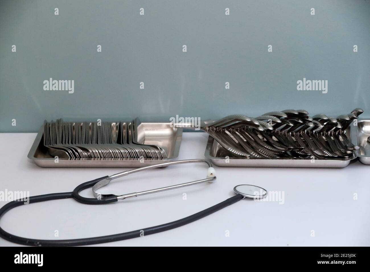 Medical instruments sitting on doctors desk. France Stock Photo - Alamy