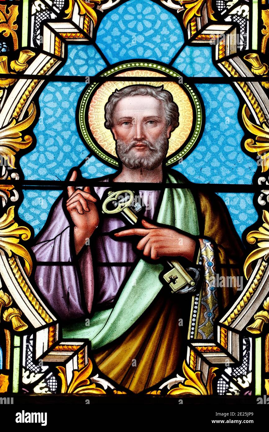 Stained glass window. Saint Peter the apostle. Groisy. France Stock ...