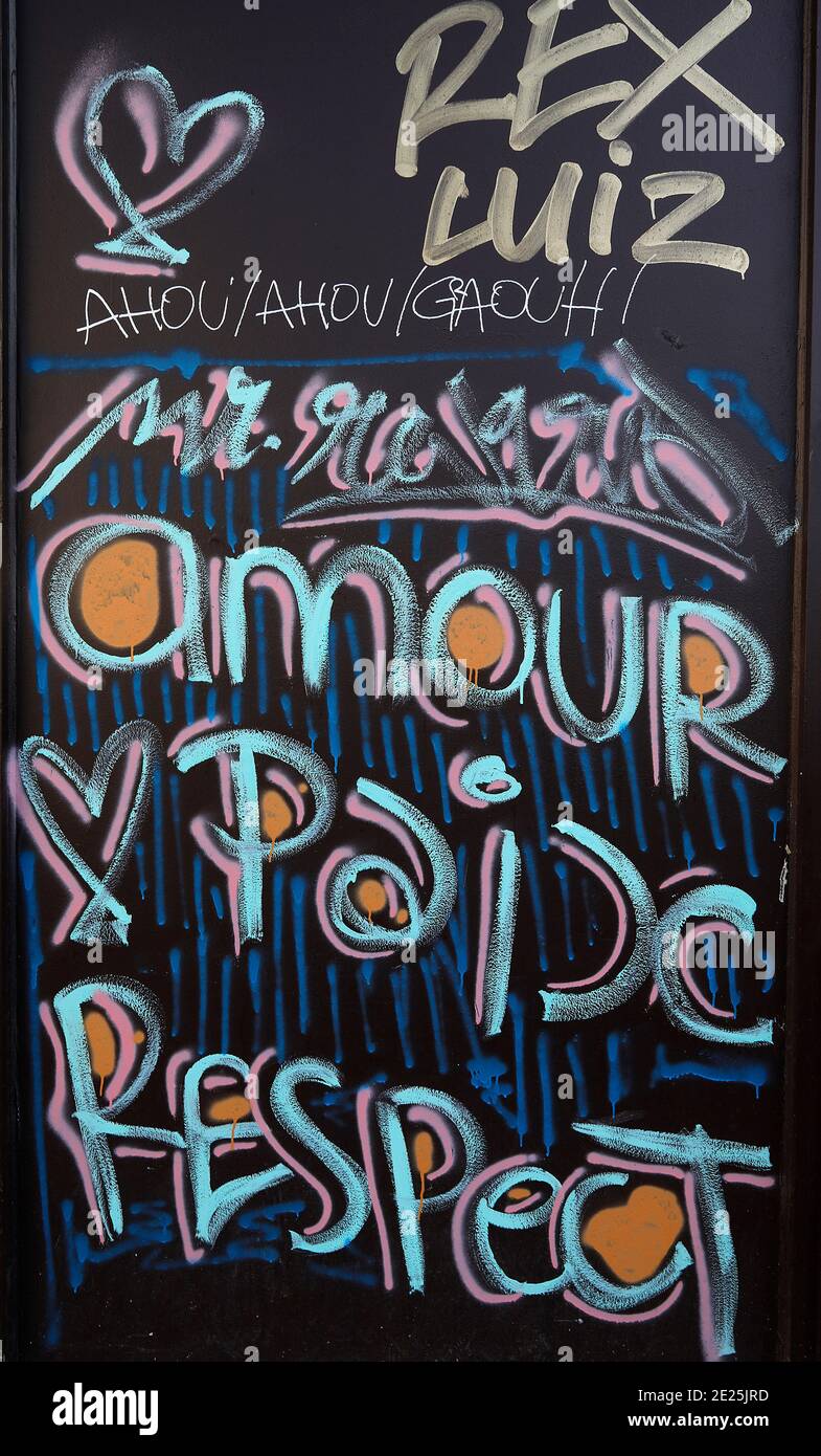 Wall painting in Paris, France : Love, Peace and Respect Stock Photo ...