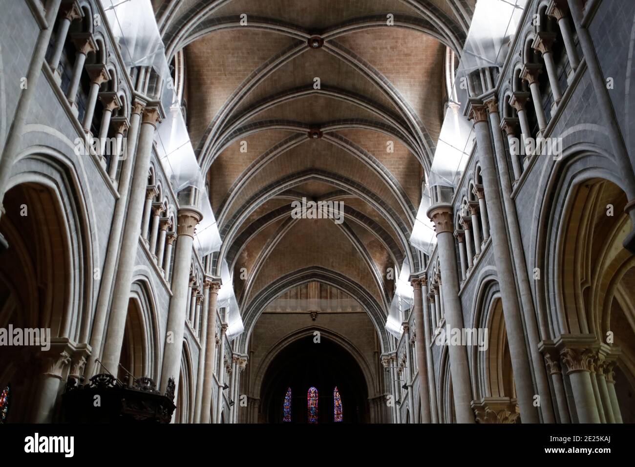 Cathedral of Notre Dame of Lausanne. The nave. Gothic rib vaulting ...