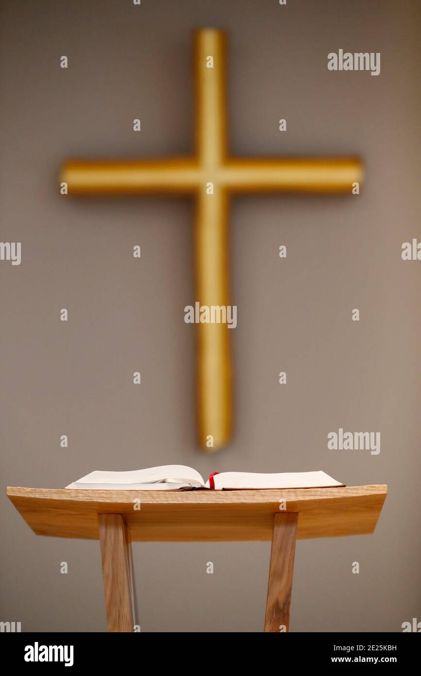 Chapel. Christian cross, ambon and bible. Annecy. France Stock Photo ...