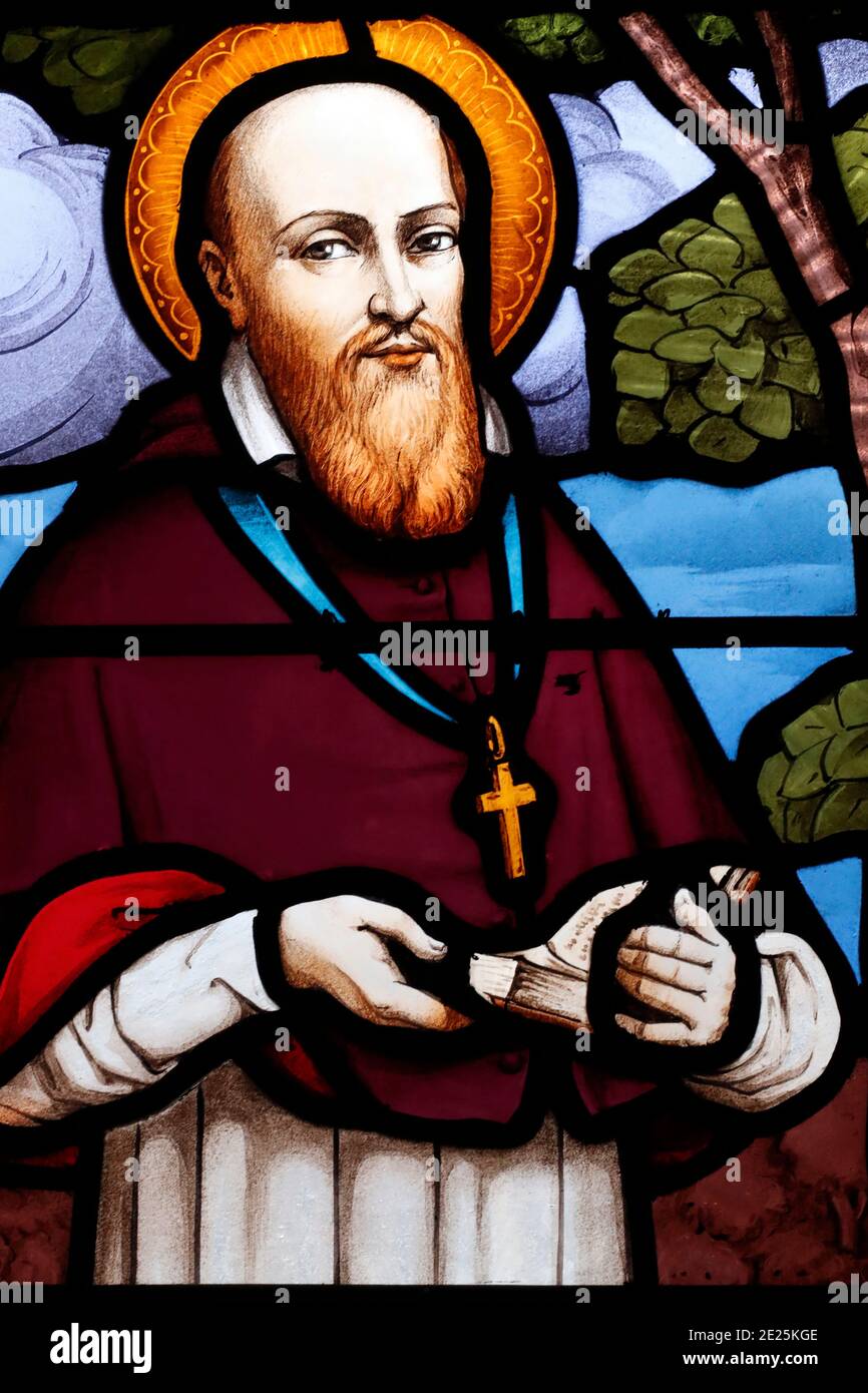 Stained glass window. St Francis de Sales. France Stock Photo - Alamy
