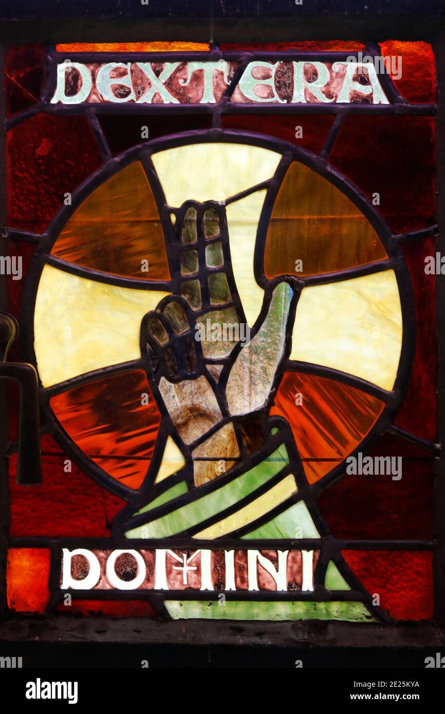 Orval trappist abbey, Belgium. Stained glass. Dextera domini Stock ...
