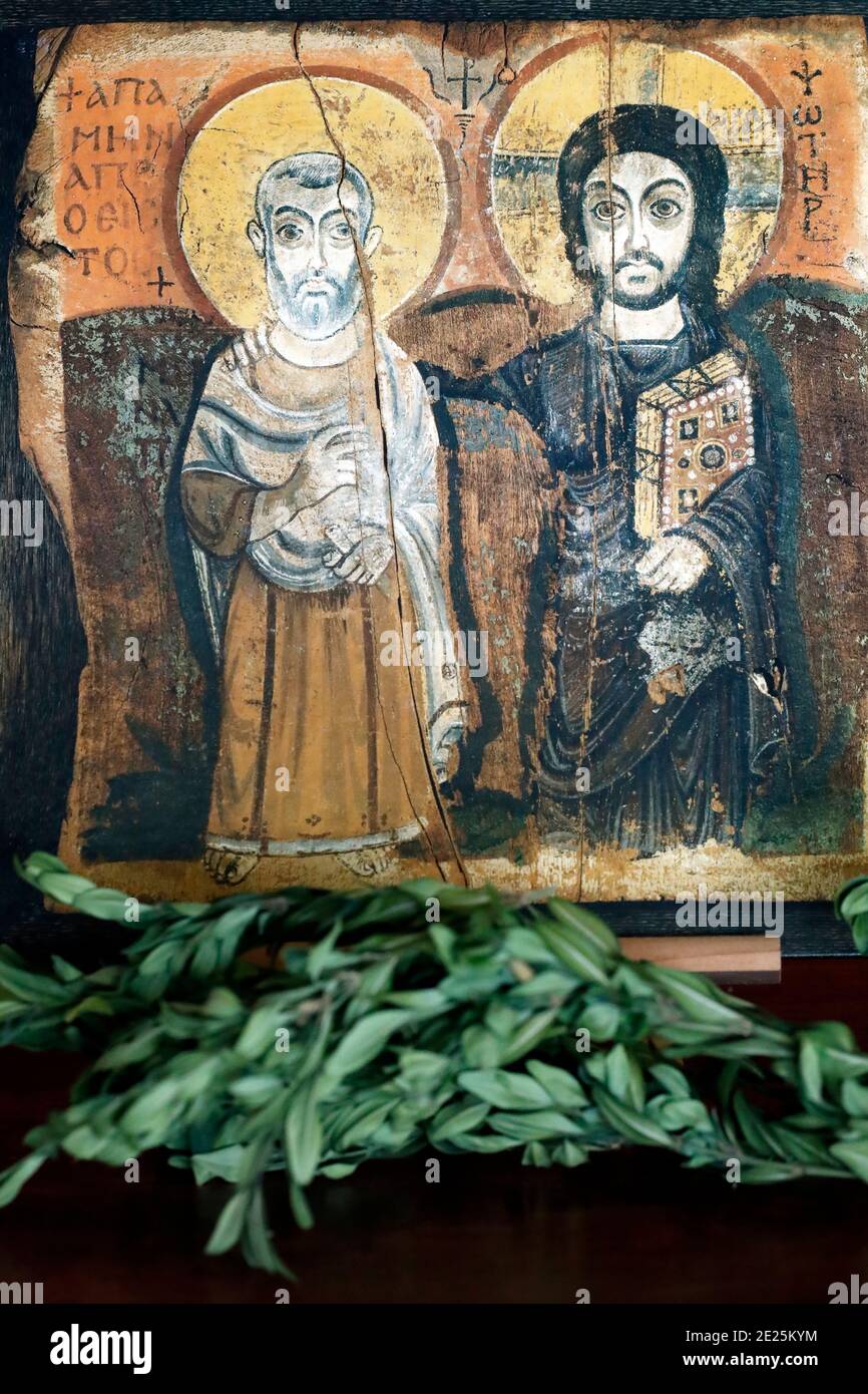 The Icon of Christ and Abbot Mena. Coptic painting. Annecy. France ...