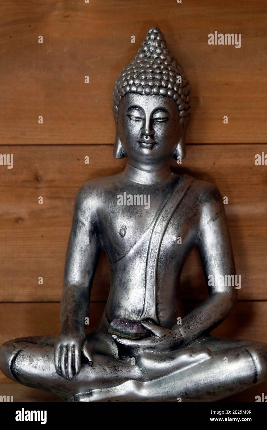 Buddha seated with his right hand touching the ground and his left hand ...