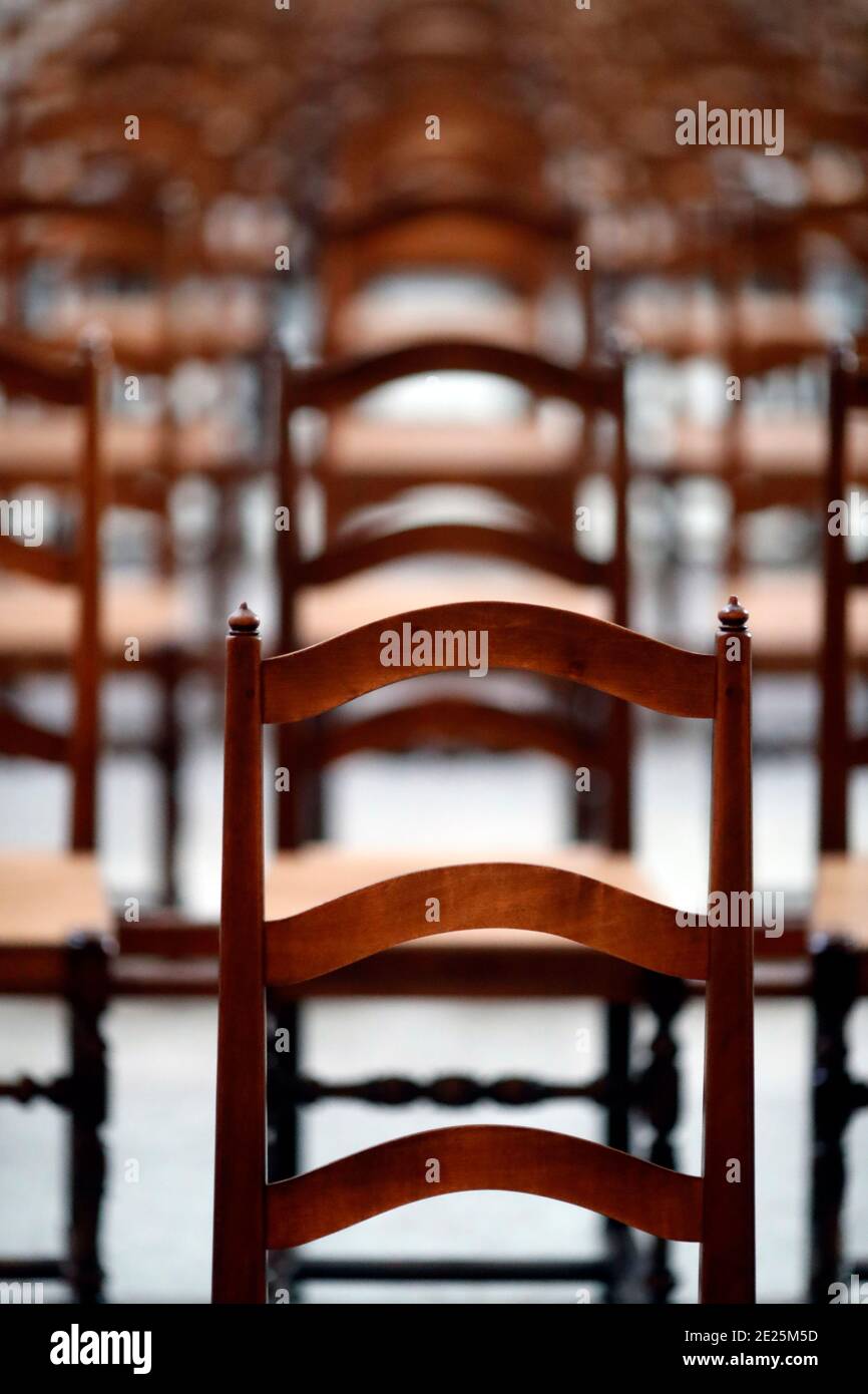 Cathedral of Notre Dame of Lausanne. Empty chairs in church ...