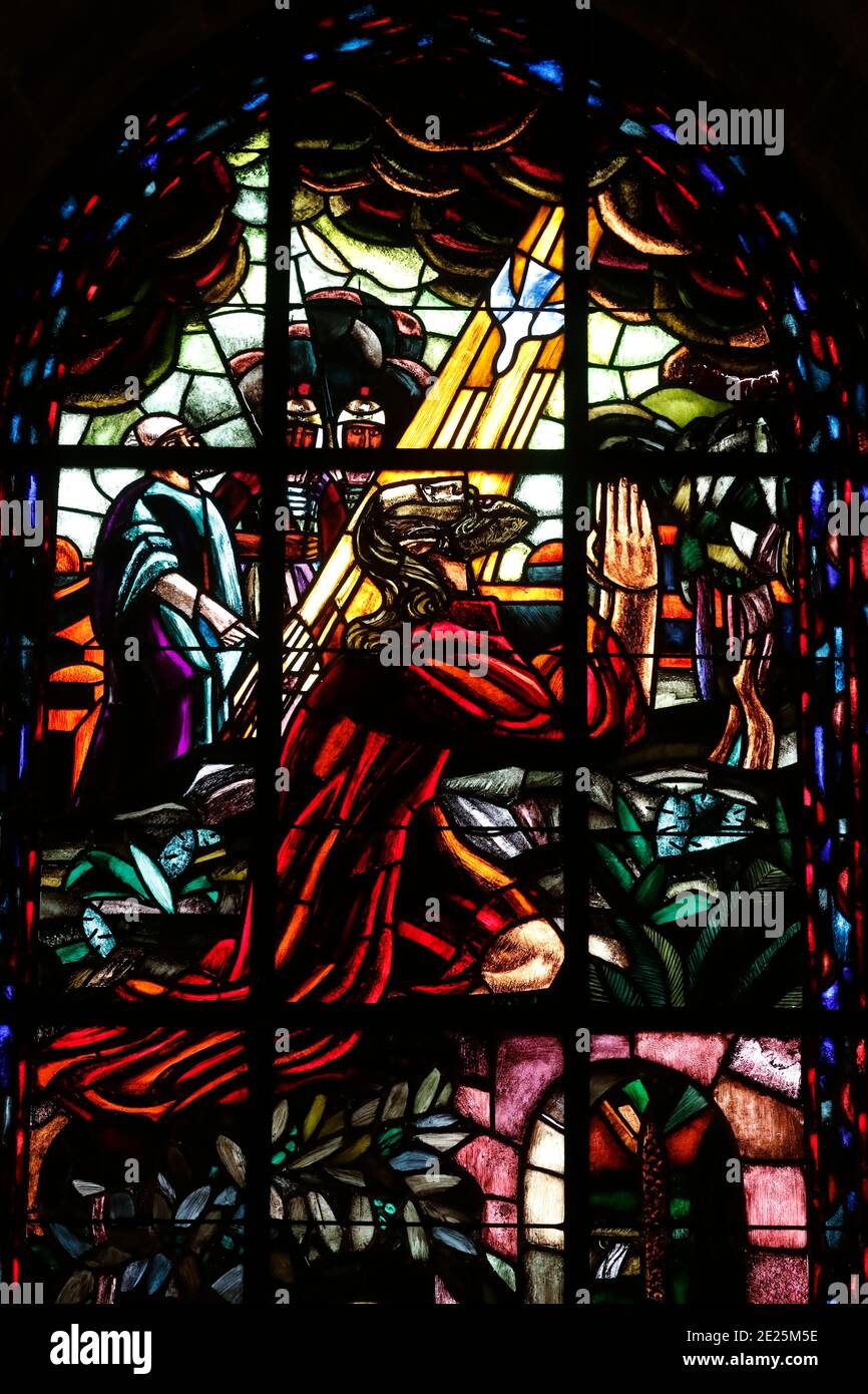 Cathedral of Notre Dame of Lausanne. Stained glass window. Jesus ...