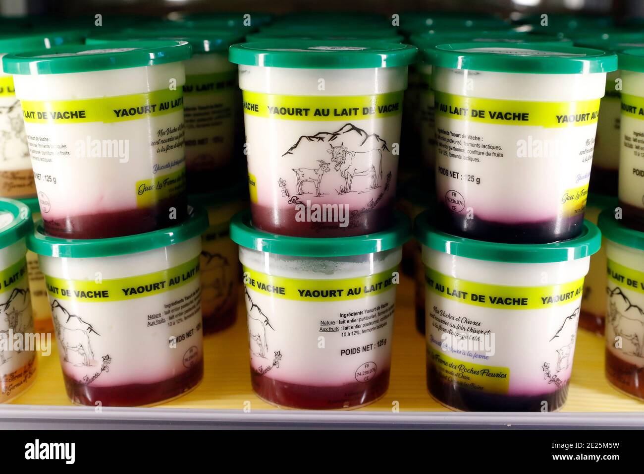 Traditional farm in the French Alps, Yogurts for sale. France Stock ...