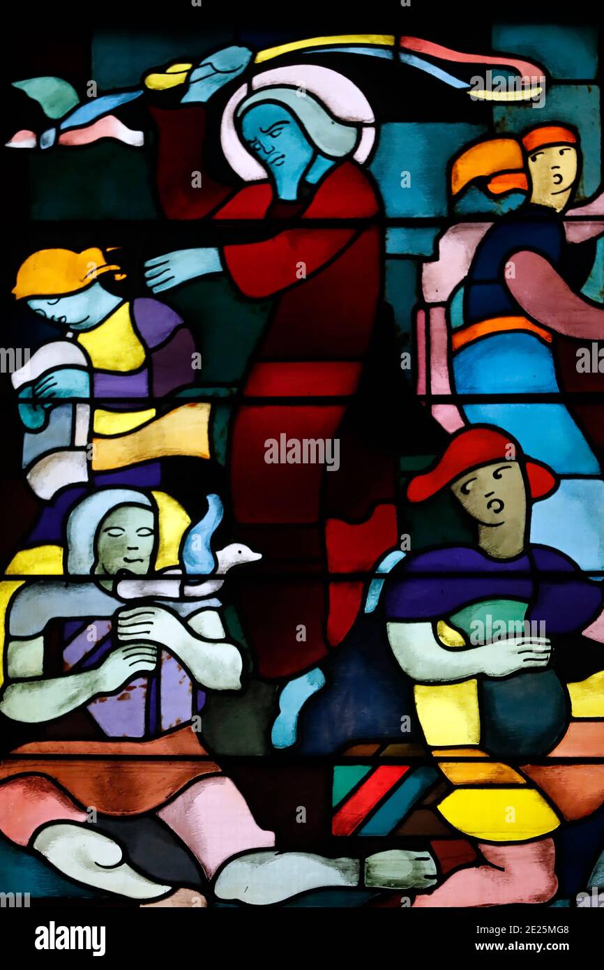 Sainte Therese church. Stained glass window. Christ Driving the Money ...