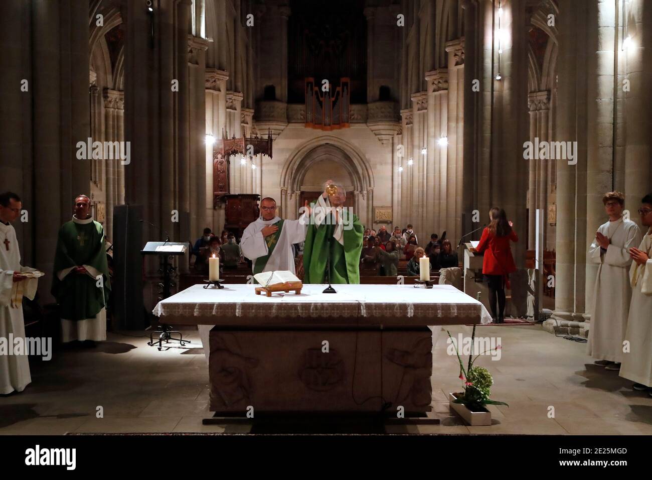 Basilica of Our Lady of Geneva. Catholic mass. The Incensing of the ...