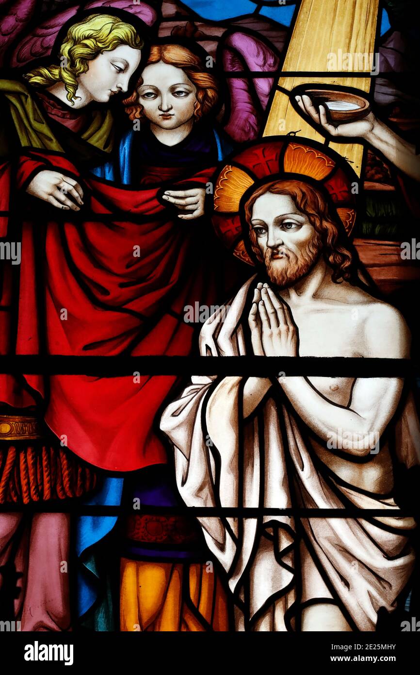 Stained glass window. The baptism of Jesus by John the Baptist. France ...
