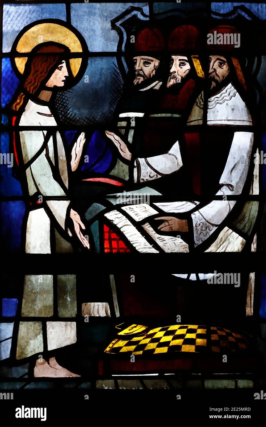 Romainmotier Abbey Church. Stained glass window. Jesus and the doctors ...