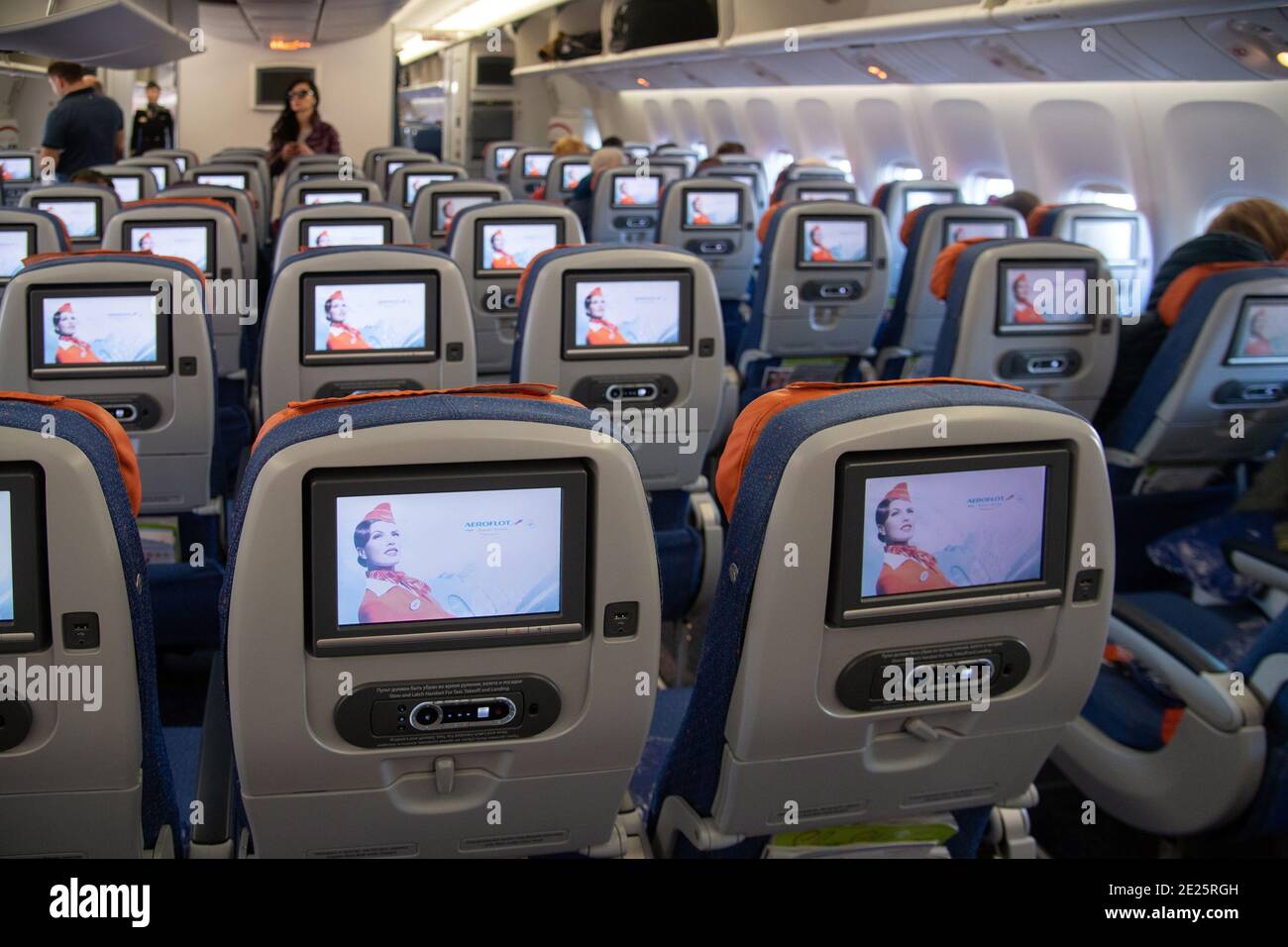 Moscow, Russia - March 27. 2019. Economy class on an the Aeroflot plane ...