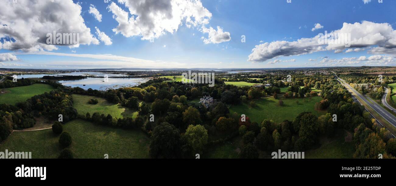 aerial panorama of beautiful rolling countryside and country house with ...