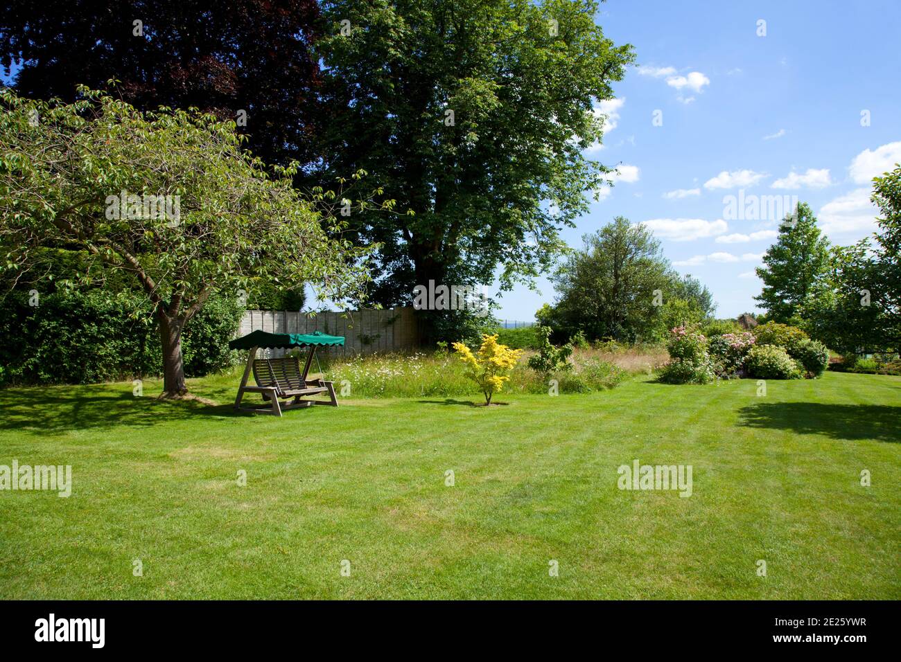 Garden with lawn, mature trees and swing seat bench with green canopy ...