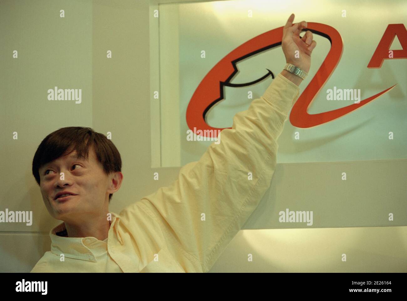 Jack Ma, the co-founder of Alibaba Group, poses in front of the Alibaba ...